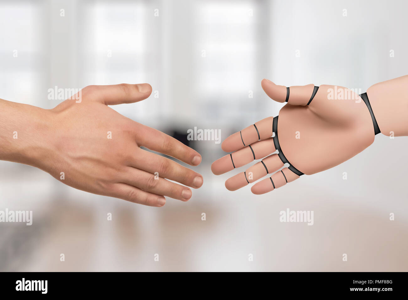 Hands of Robot and Human shake hands. Android. Artificial Intelligence ...