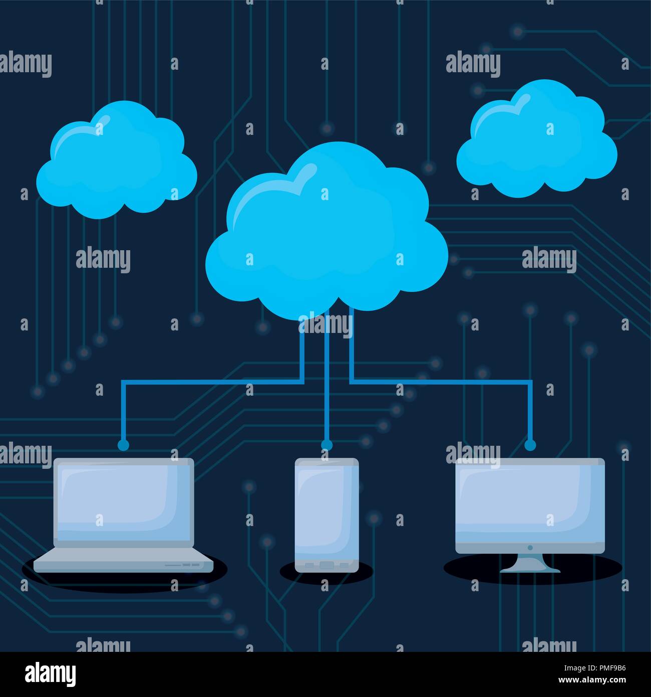 technology devices and clouds storages over blue background, colorful ...