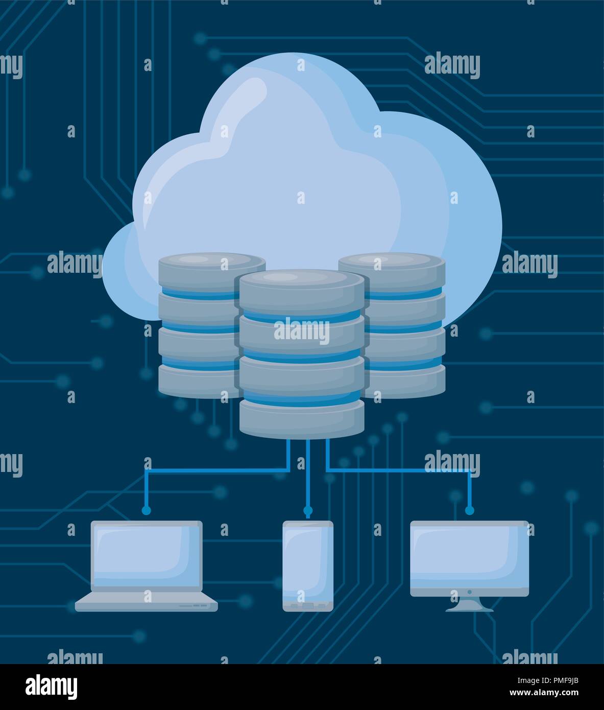 data servers and cloud with technology devices over blue background ...