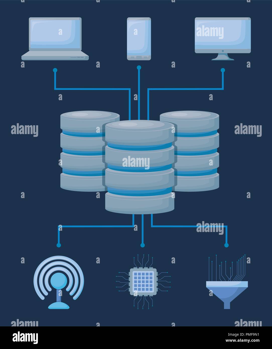 data servers and technology devices over blue background, colorful ...