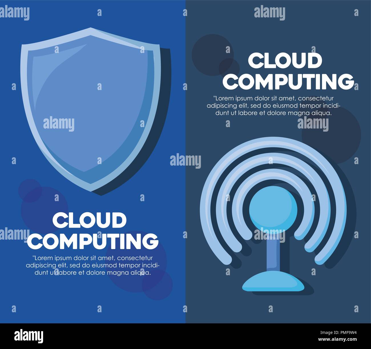 cloud computing infographic with shield and signal symbol over blue ...