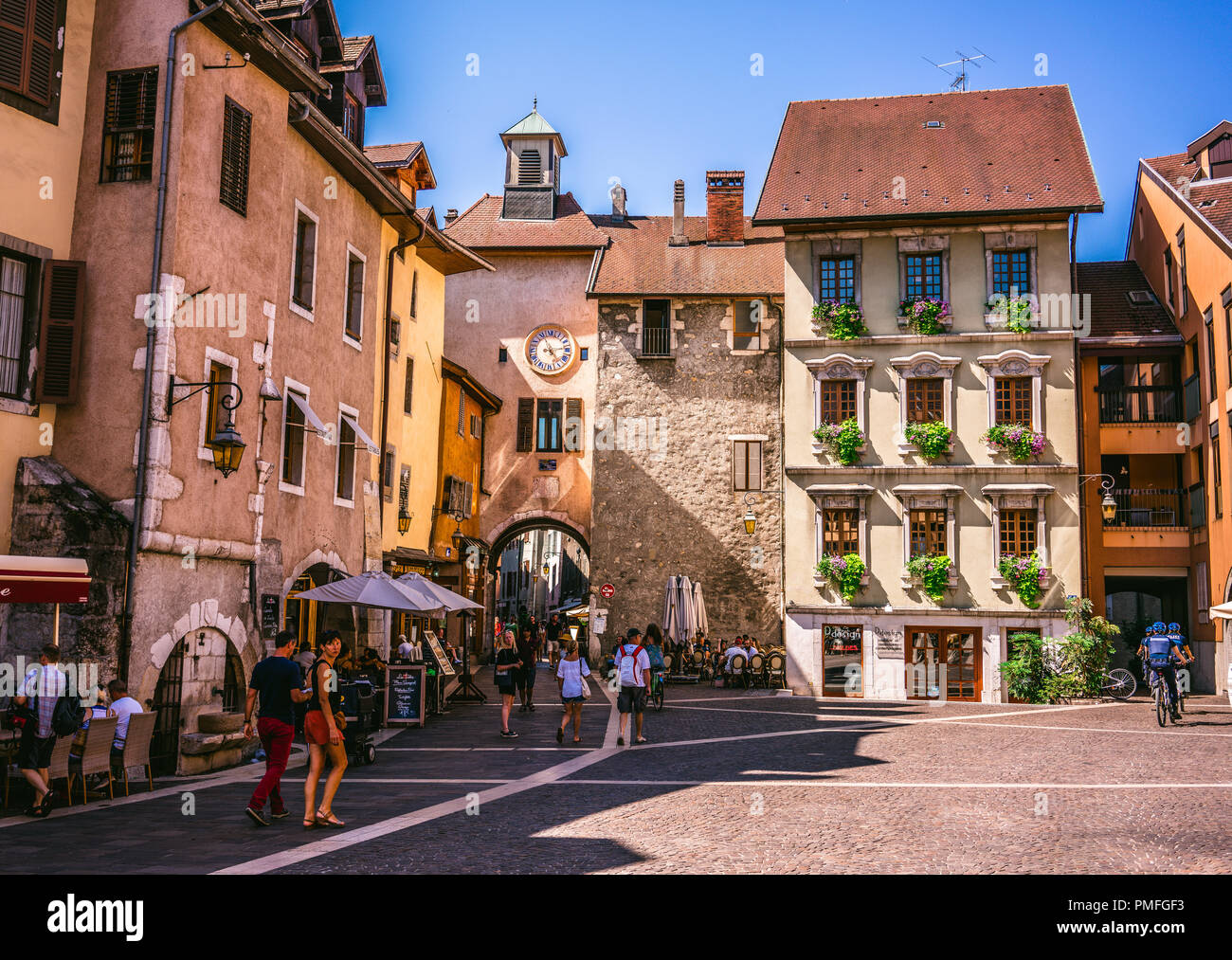 7 August 2018, Annecy France : Annecy old town pedestrian street view ...