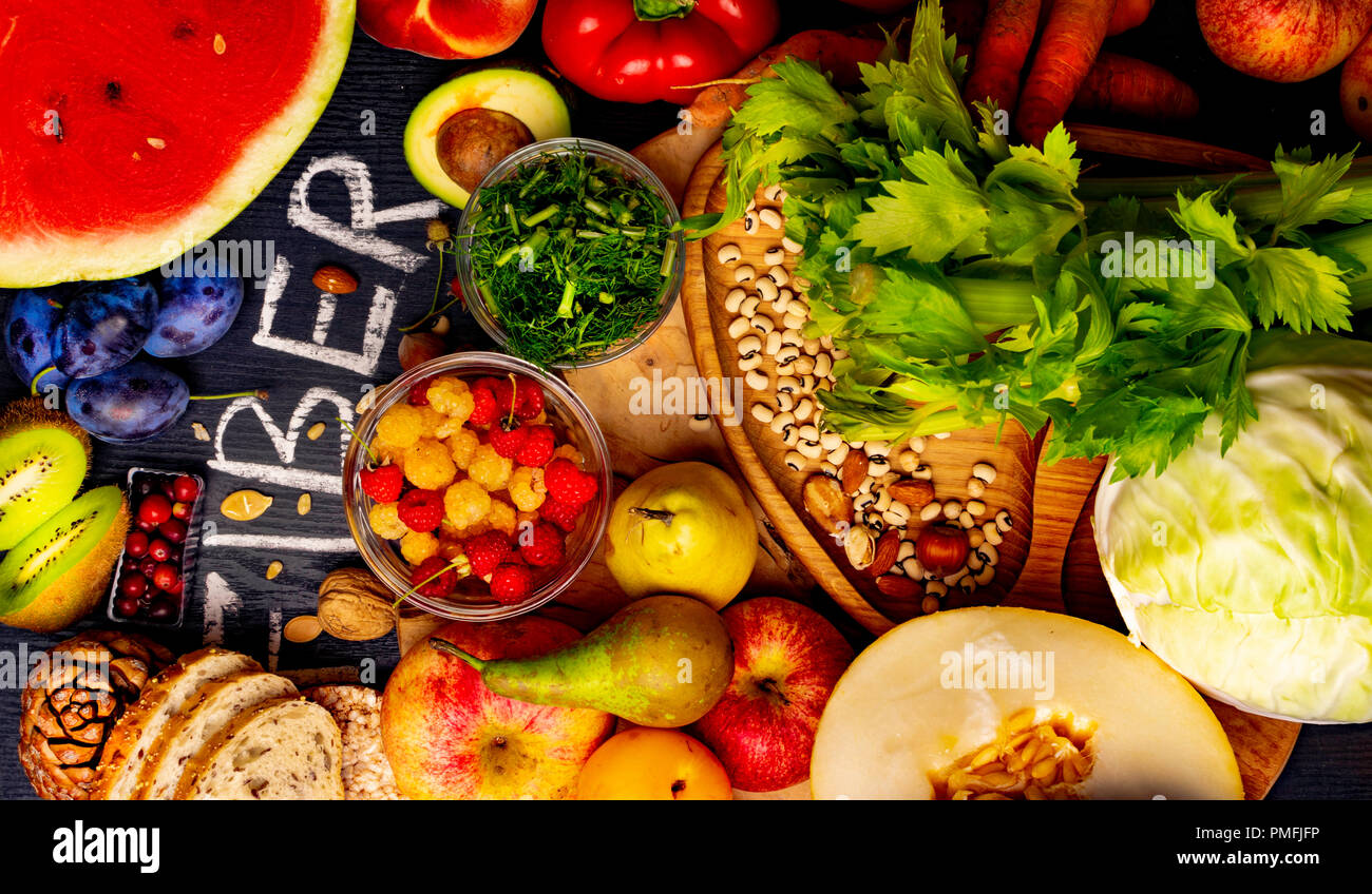 Foods rich in fiber as rye galette , bread, watermeon, wheat bran ...