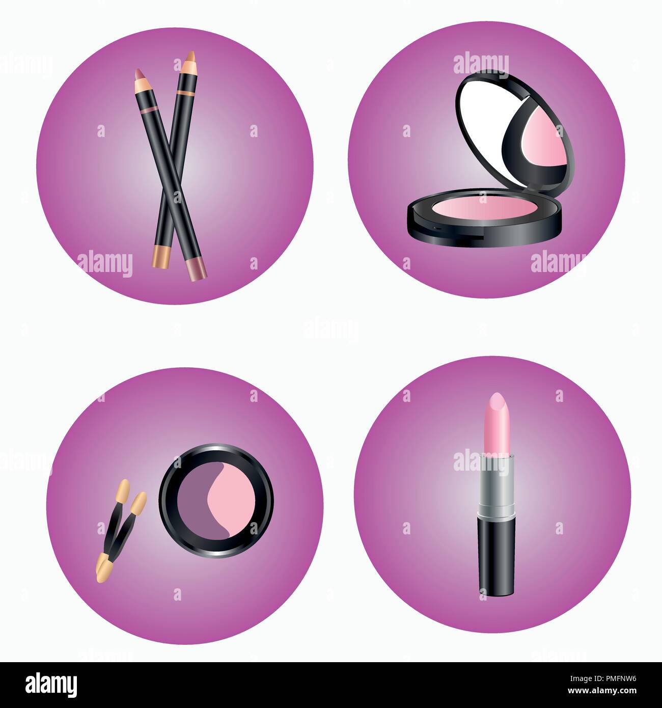 Different cosmetics in round icons. Shadows, powder, pencil, lipstick ...