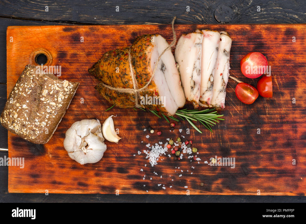 Boiled meat at home recipe. Meat and vegetables. Top view Stock Photo ...