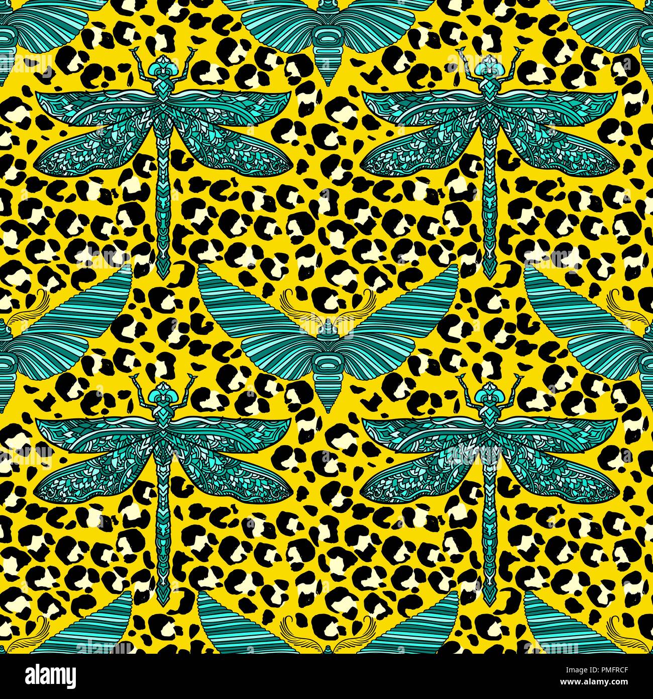 Vector illustration leopard print seamless pattern with fly insects in ...