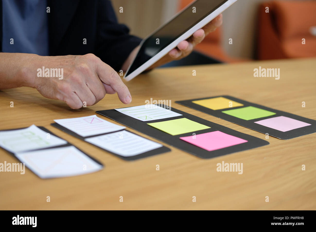 user experience workplace. UX designer desk with tablet layout. UI ...