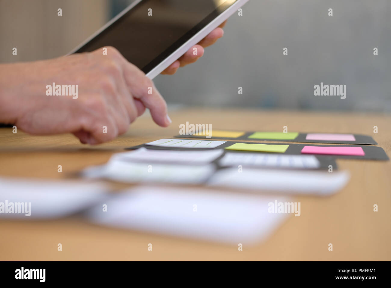 user experience workplace. UX designer desk with tablet layout. UI ...