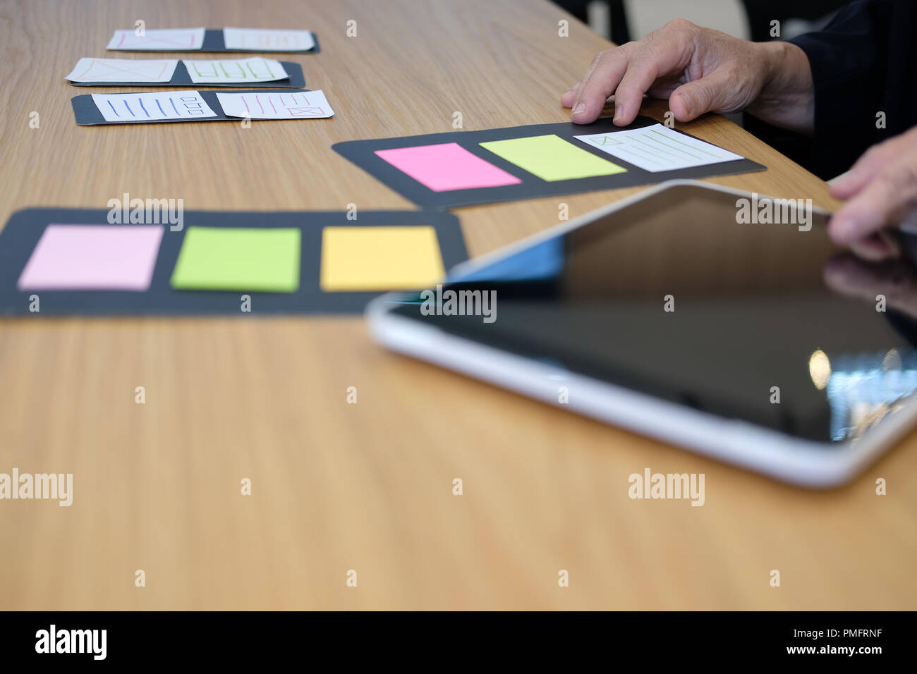 user experience workplace. UX designer desk with tablet layout. UI ...