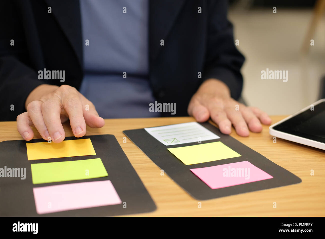 user experience workplace. UX designer desk with tablet layout. UI ...