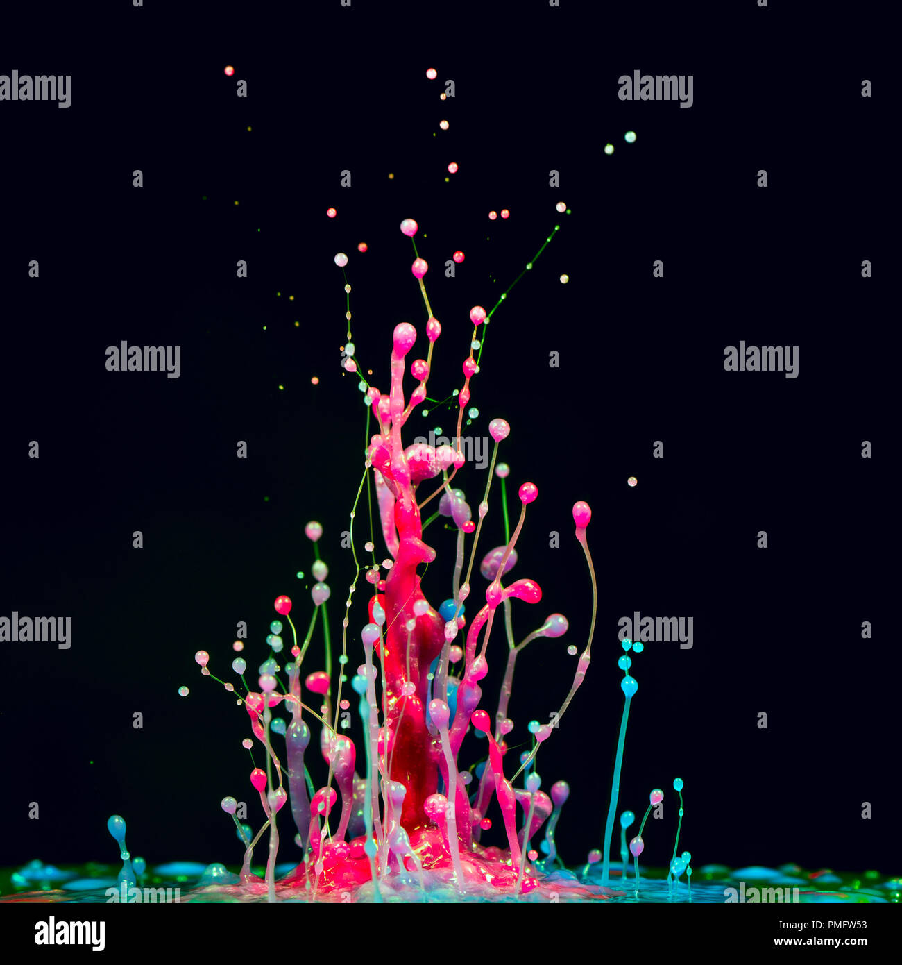Explosion of splashes and bursts of color fluid paint ink on black ...