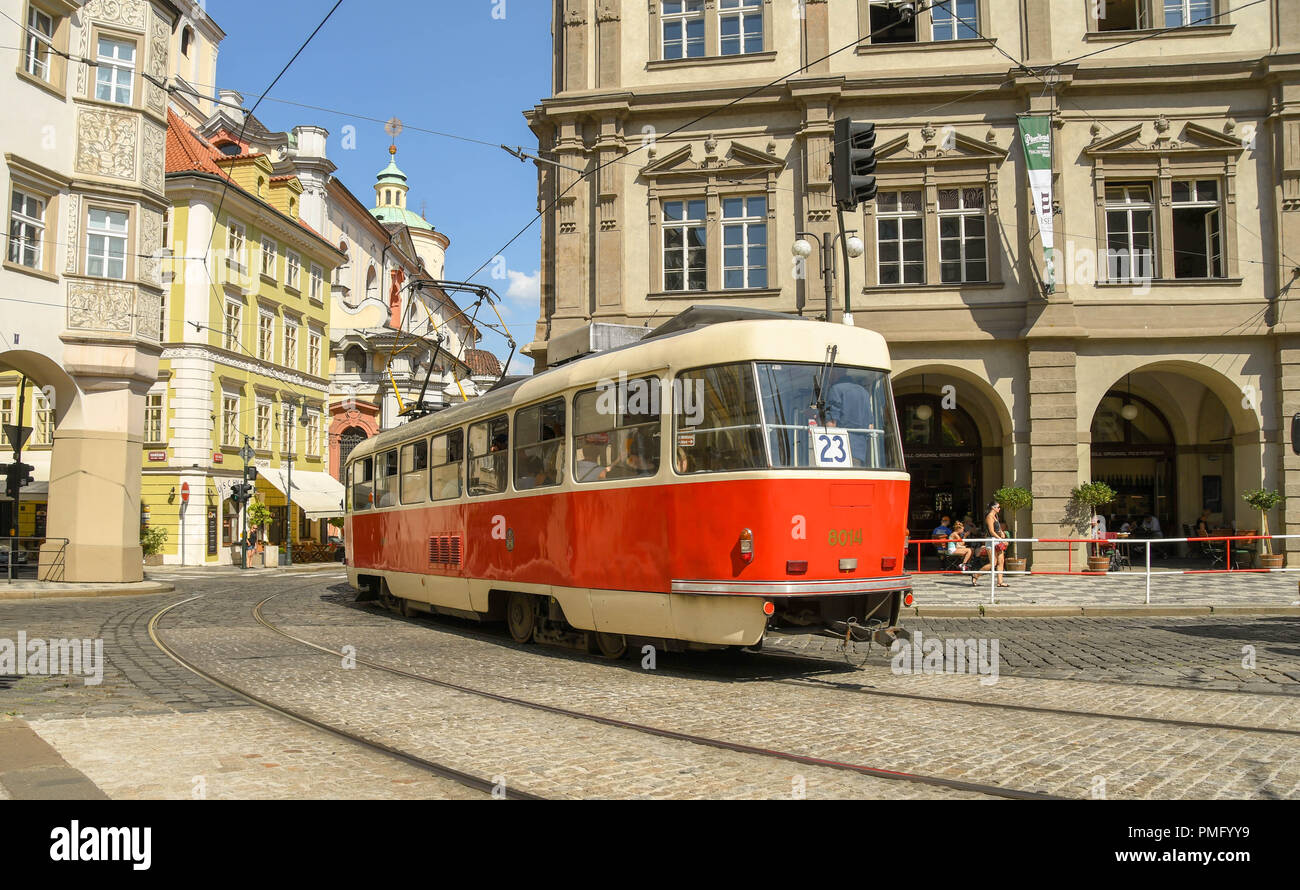 Old tram running along a street in the centre of Prague Stock Photo - Alamy
