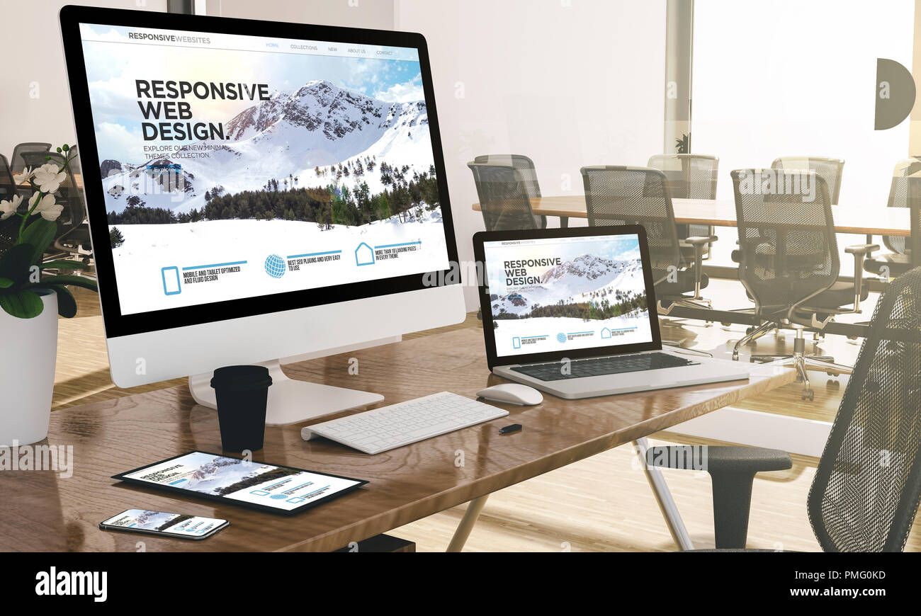 devices at modern office 3d rendering showing responsive web design ...