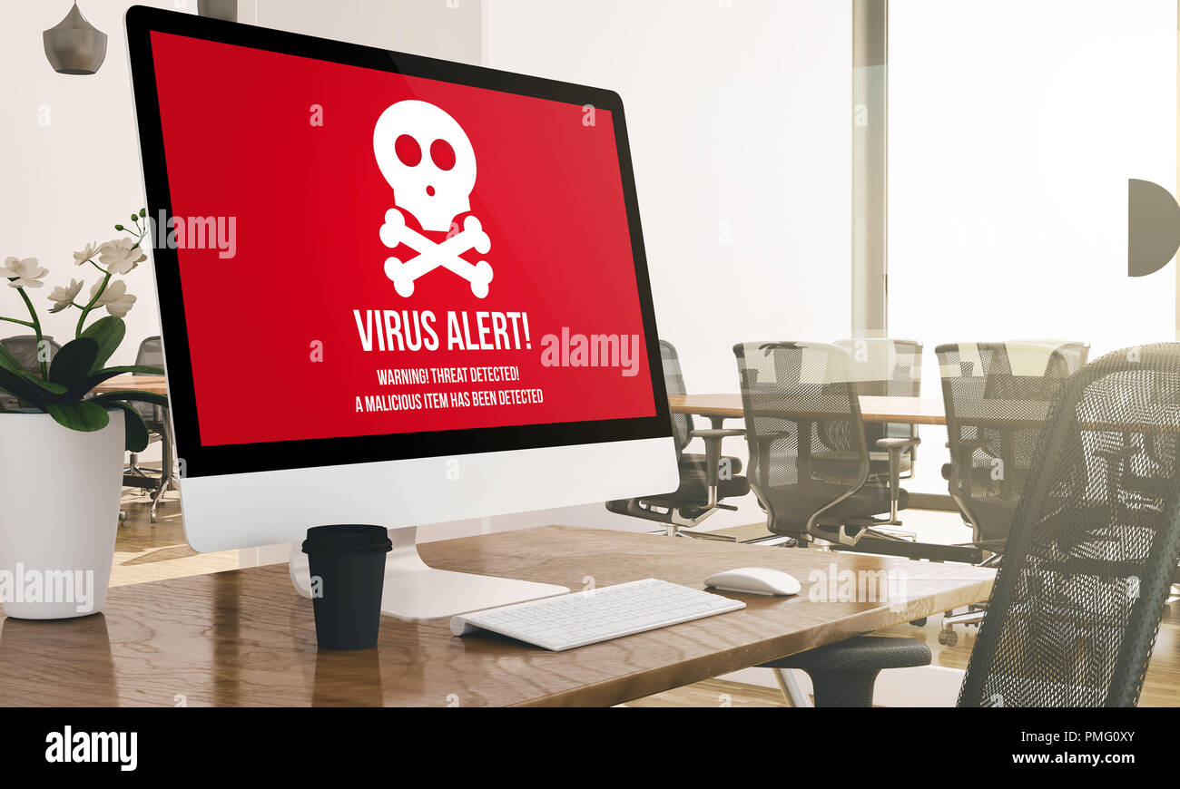 computer with virus screen at business office 3d rendering Stock Photo ...