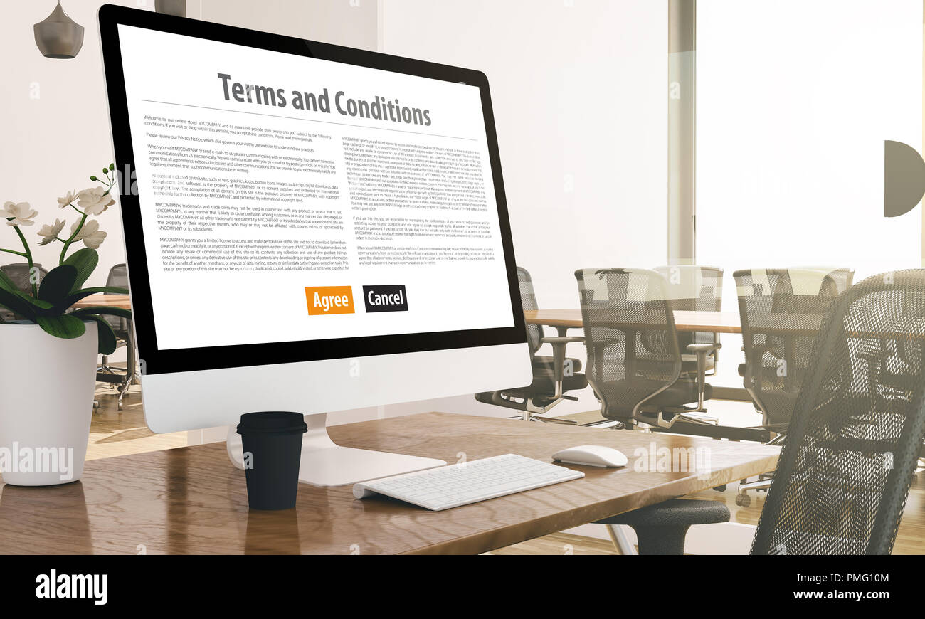 computer with terms and conditions form screen at business office 3d ...
