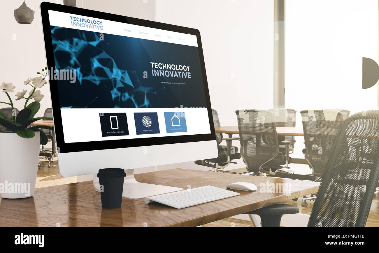 computer with technology innovative screen at business office 3d ...