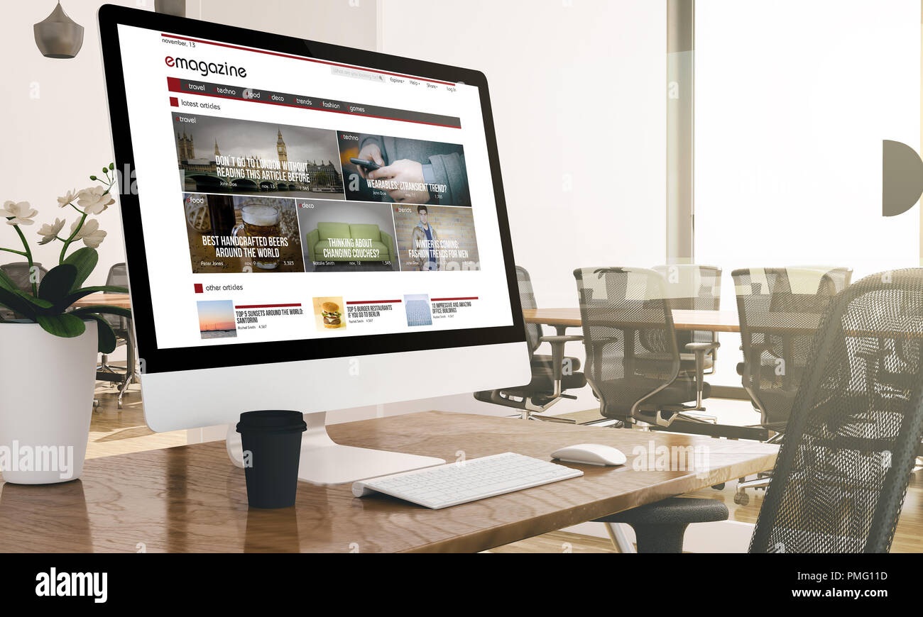computer with e-magazine screen at business office 3d rendering Stock ...