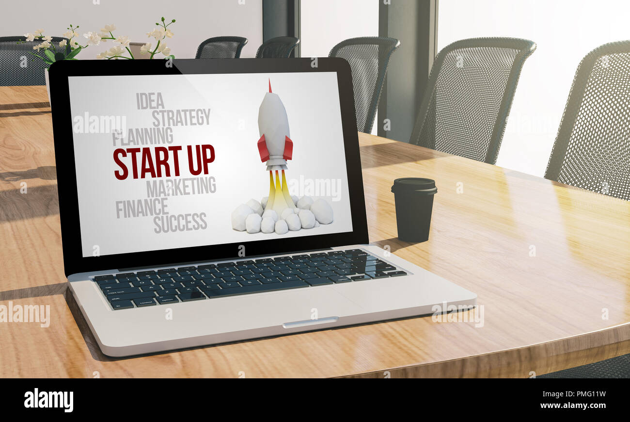 start up on screen laptop at conference room 3d rendering Stock Photo ...