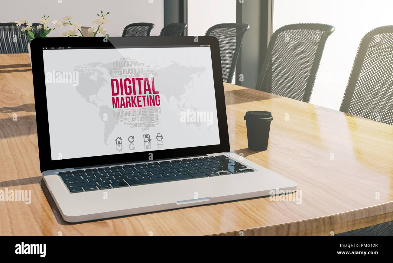 digital marketing on screen laptop at conference room 3d rendering ...