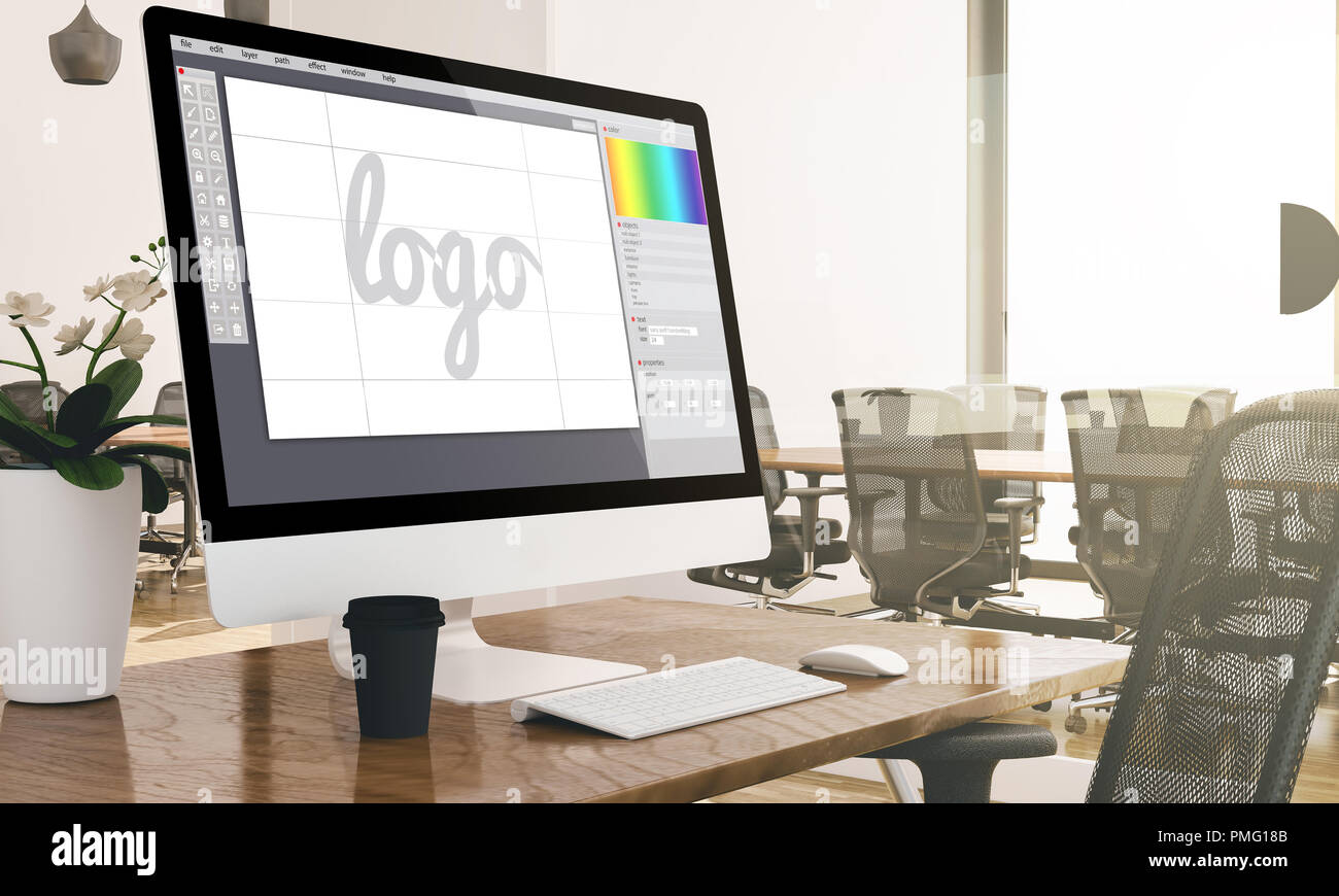 computer with logo design software screen at business office 3d ...