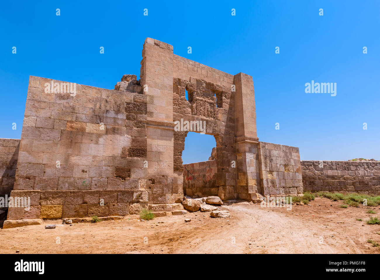 With blue sky,ancient ruins of castle walls at Harran,Sanliurfa,Turkey ...