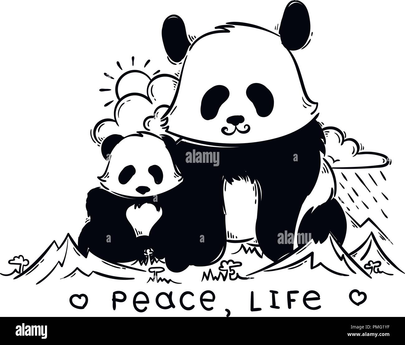 Peace, life. Vector big and small giant panda in the mountains. Vector ...