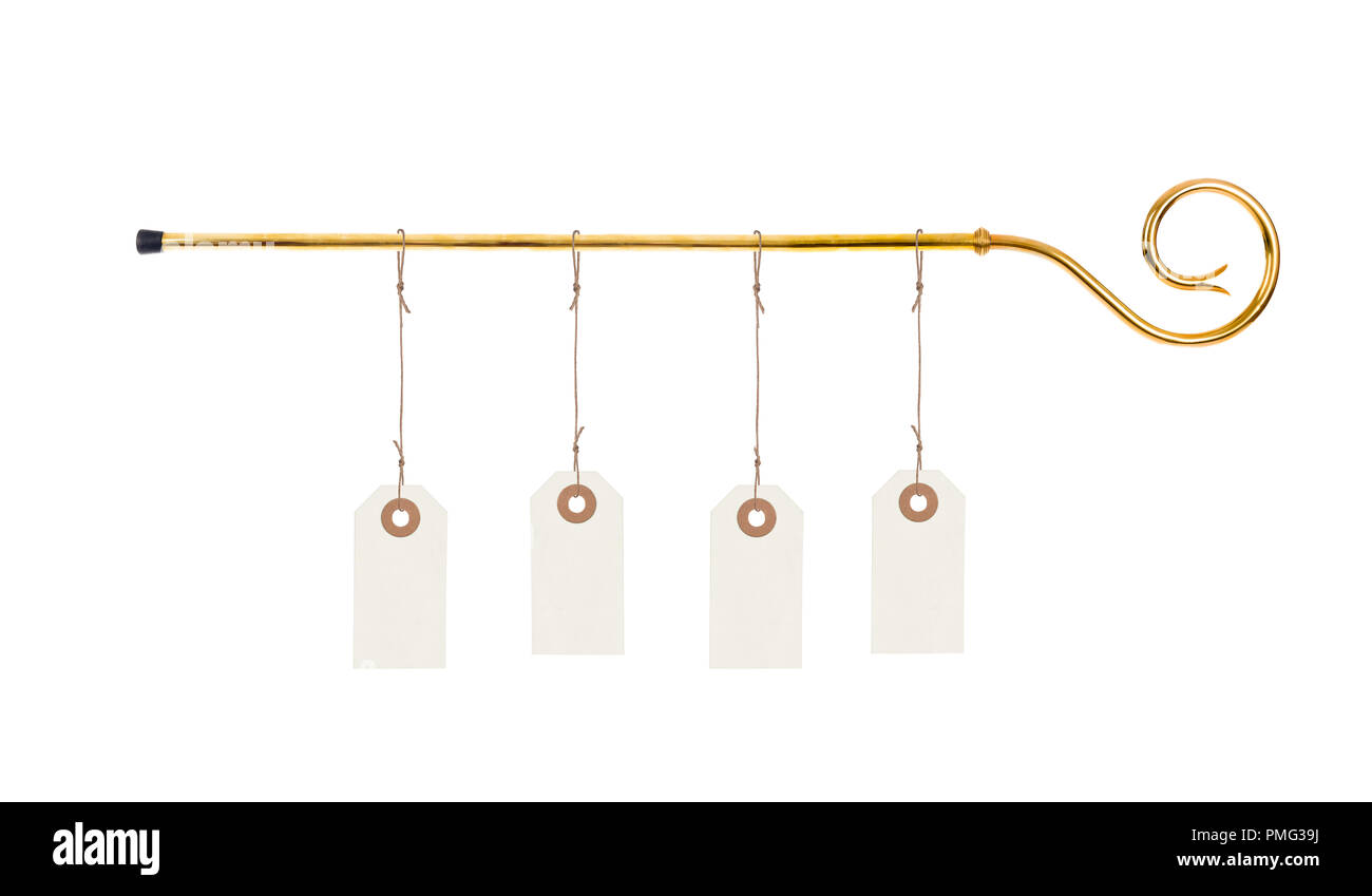 Staff of saint Nicholas with blank price tags isolated on white ...