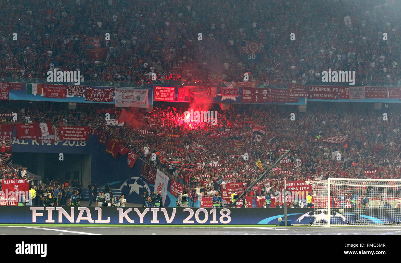 KYIV, UKRAINE - MAY 26, 2018: Liverpool supporters burn flares during ...