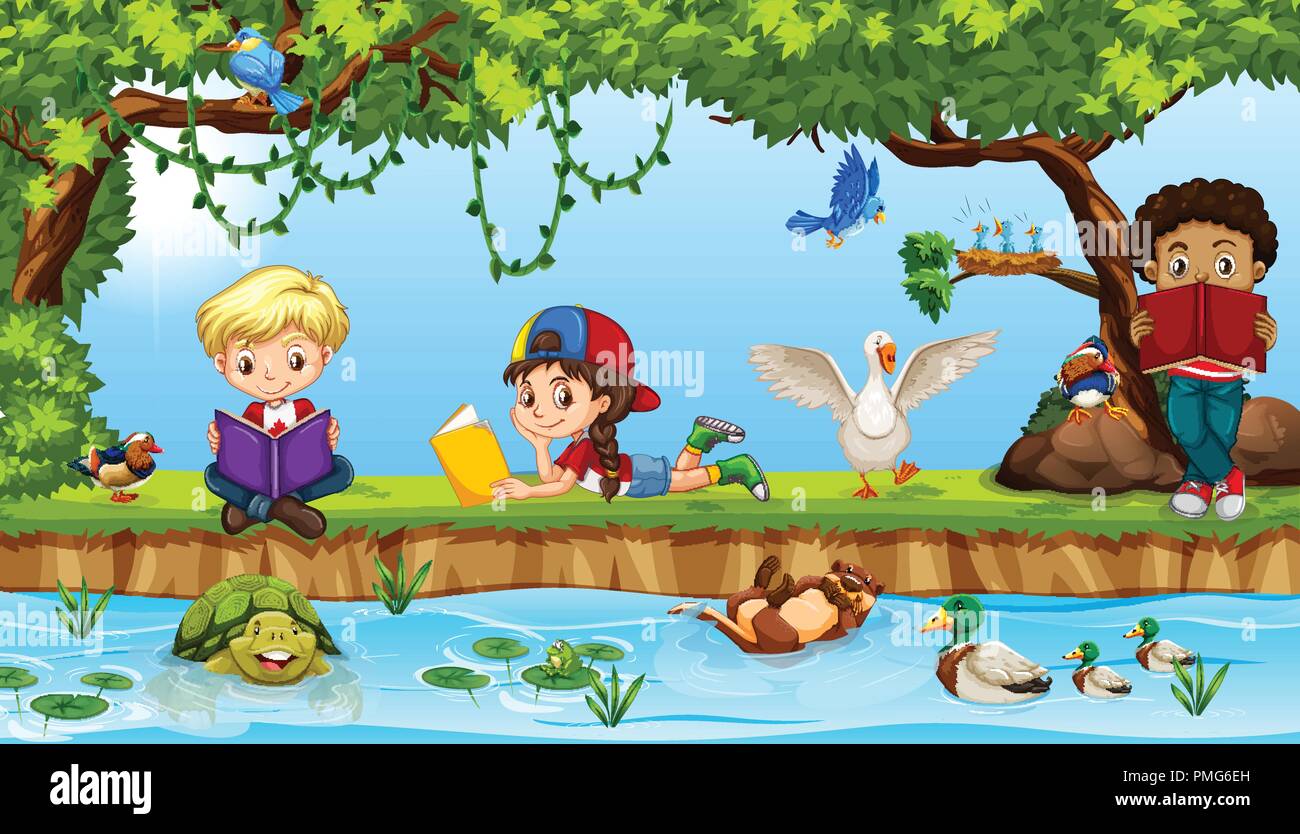 Kids reading book nexe to river illustration Stock Vector Image & Art ...