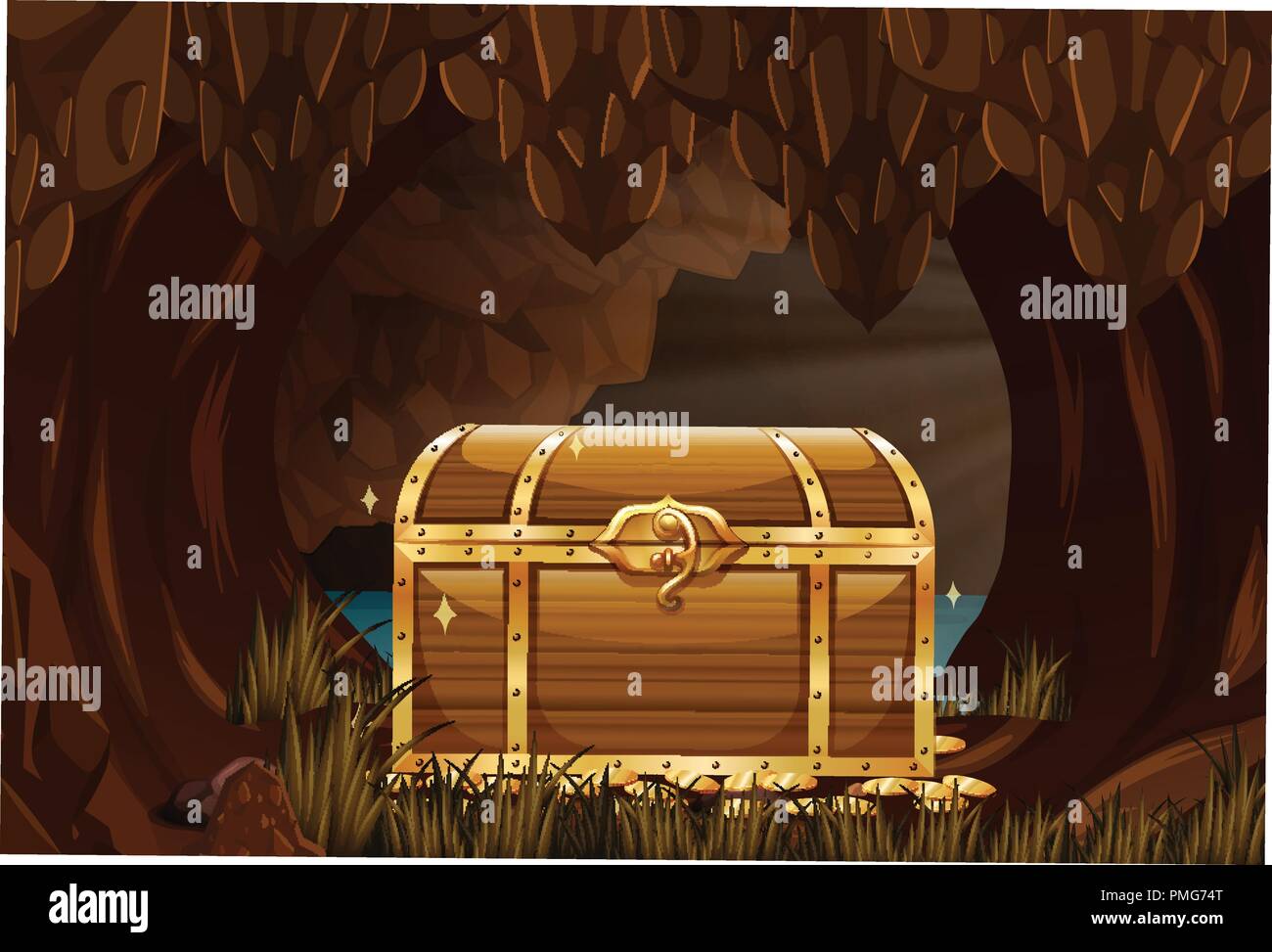 Treausre chest in underground cave illustration Stock Vector Image ...