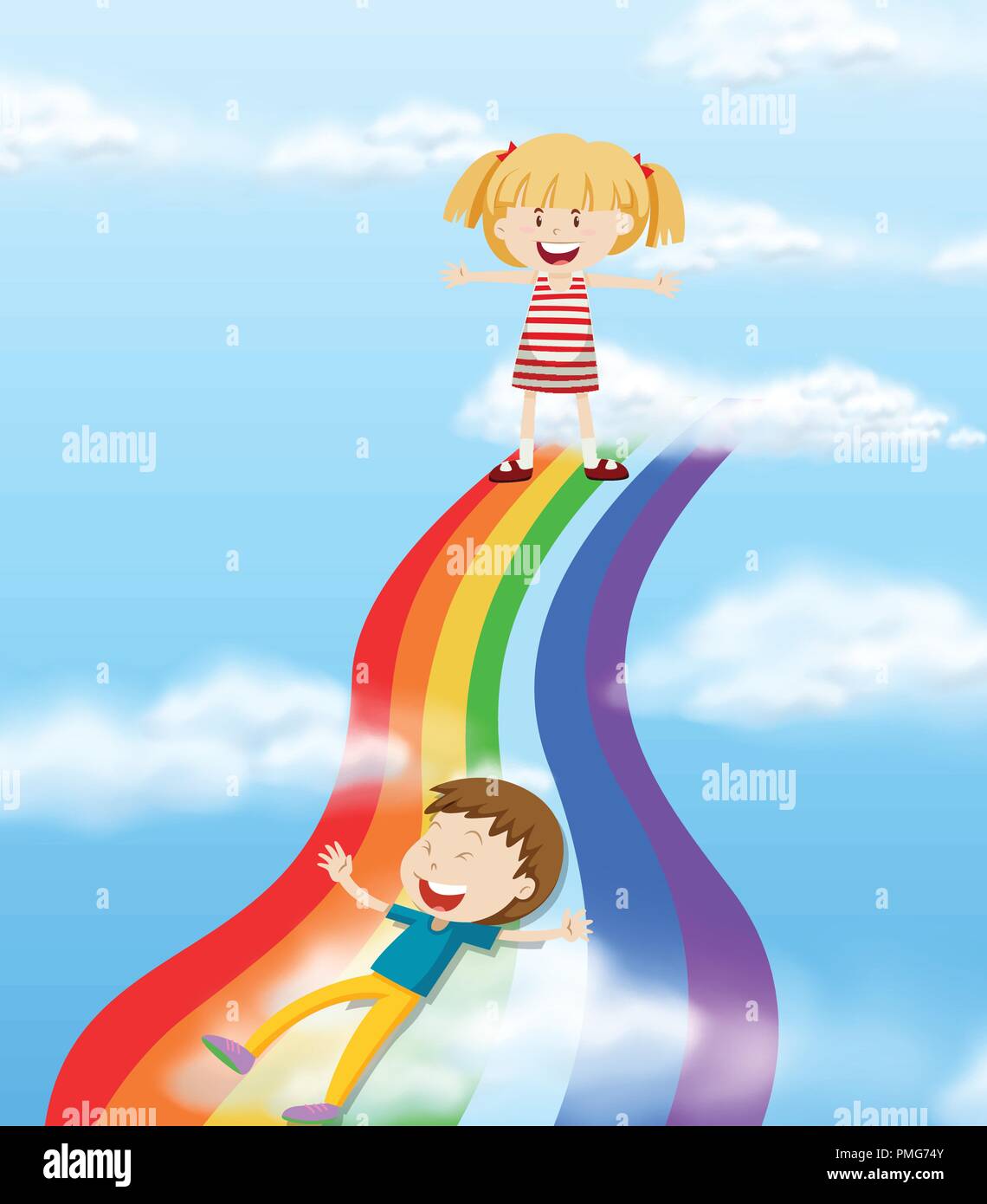 Children sliding down a rainbow illustration Stock Vector Image & Art ...