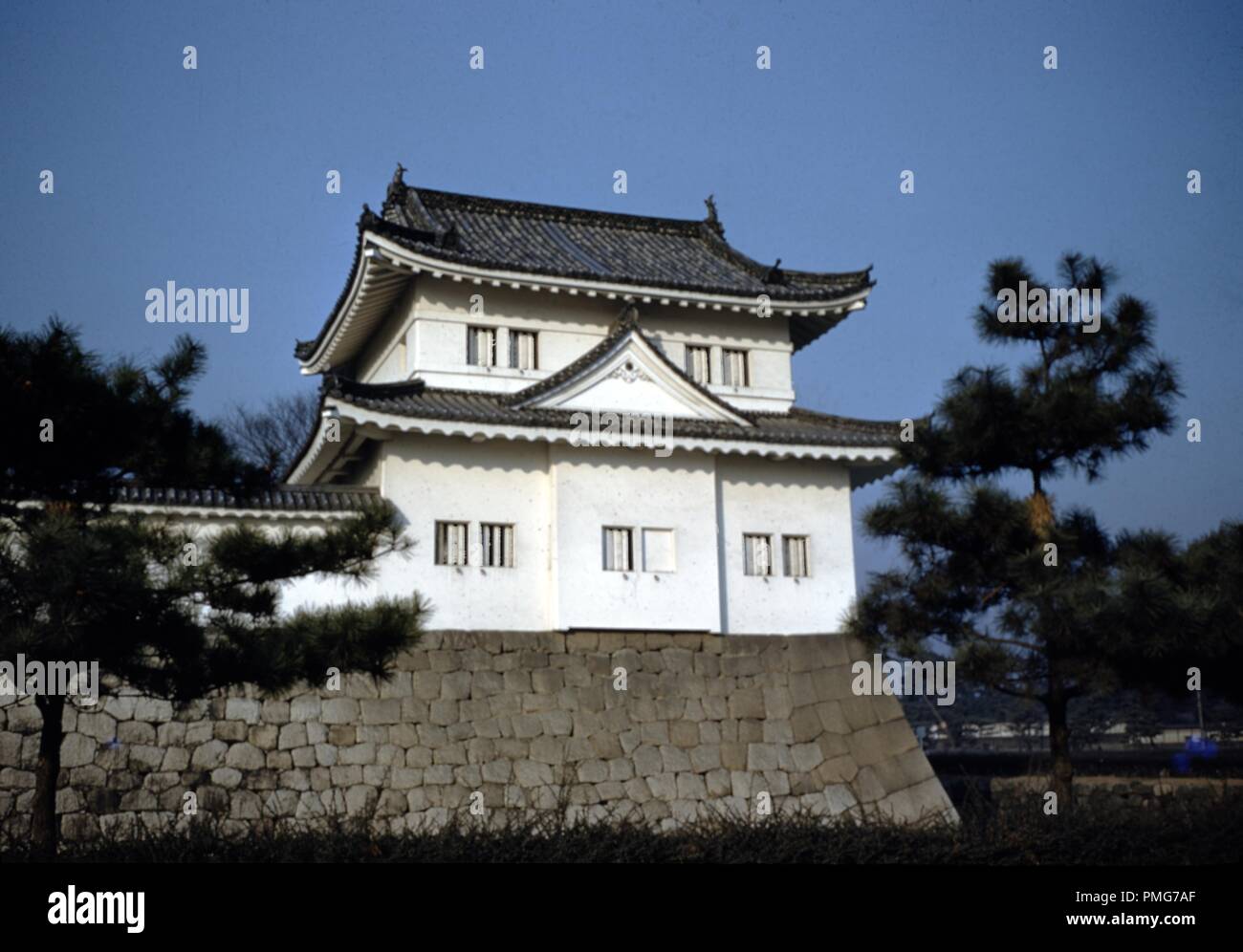 Facade of Odawara Castle atop stone parapet, Japan, 1955 Stock Photo ...