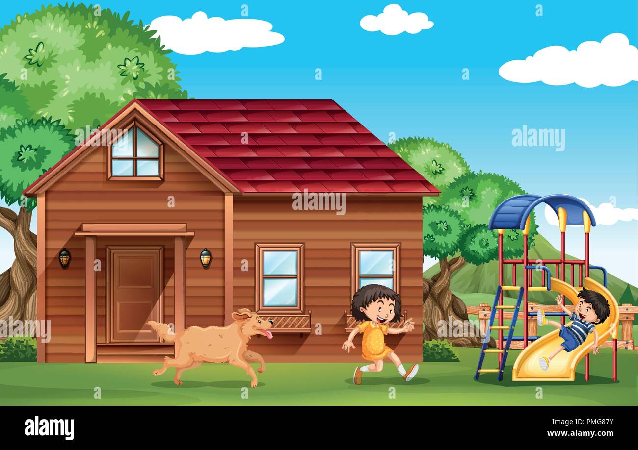 Children playing outside with dog illustration Stock Vector Image & Art ...