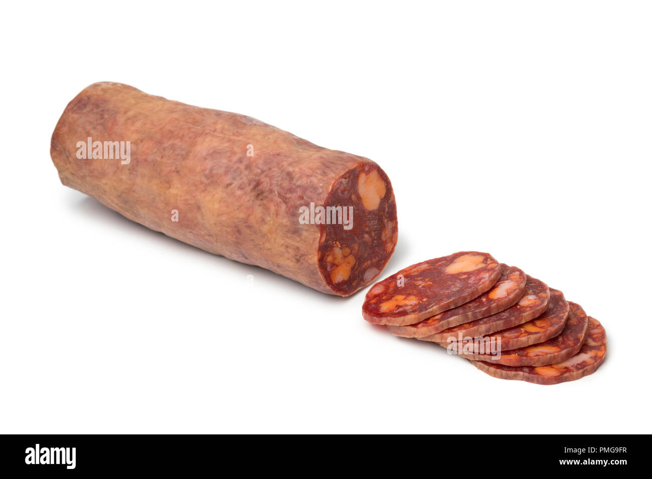 Traditional piece of Spanish Chorizo sausage and slices isolated on ...