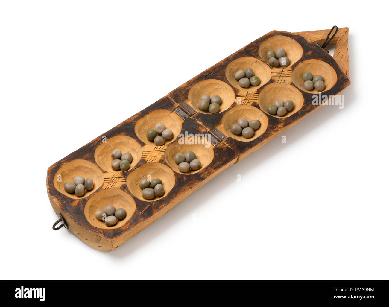 Traditional African oware game with seeds isolated on white background ...