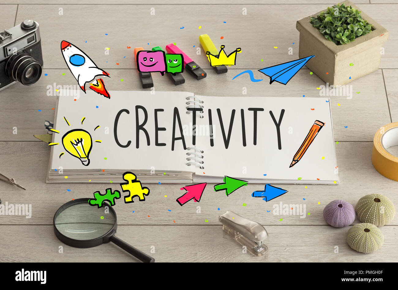 Open notebook on the floor with instruments on the floor and creativity ...