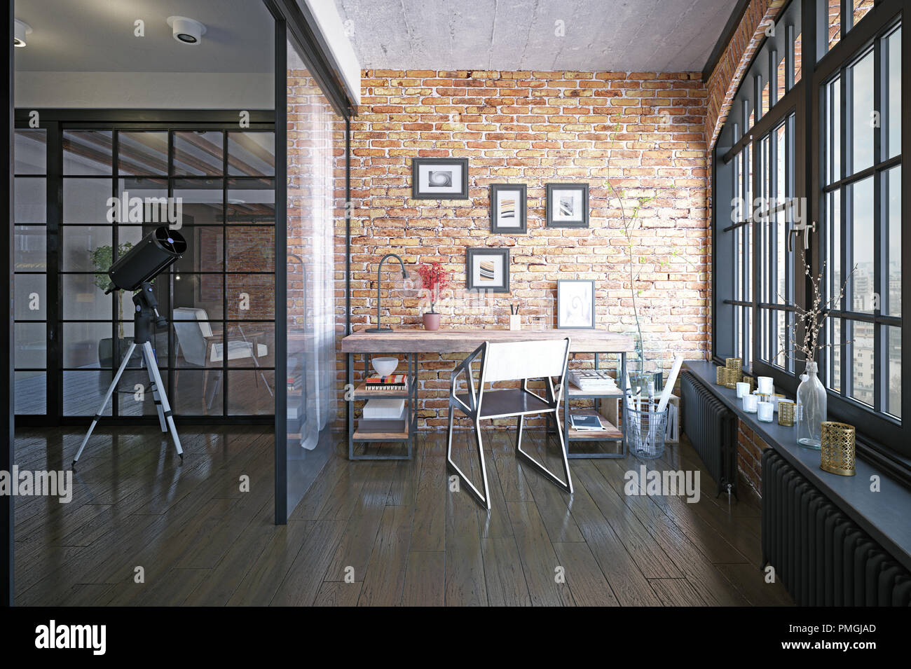 modern loft study interior. 3d rendering drsign project Stock Photo - Alamy