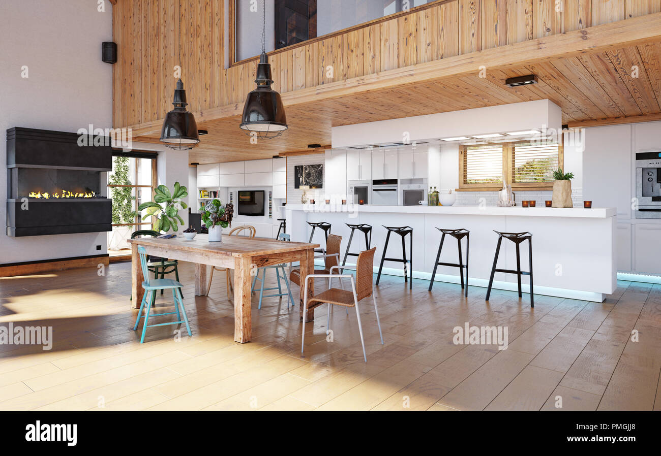 modern chalet interior. 3d design rendering concept Stock Photo - Alamy