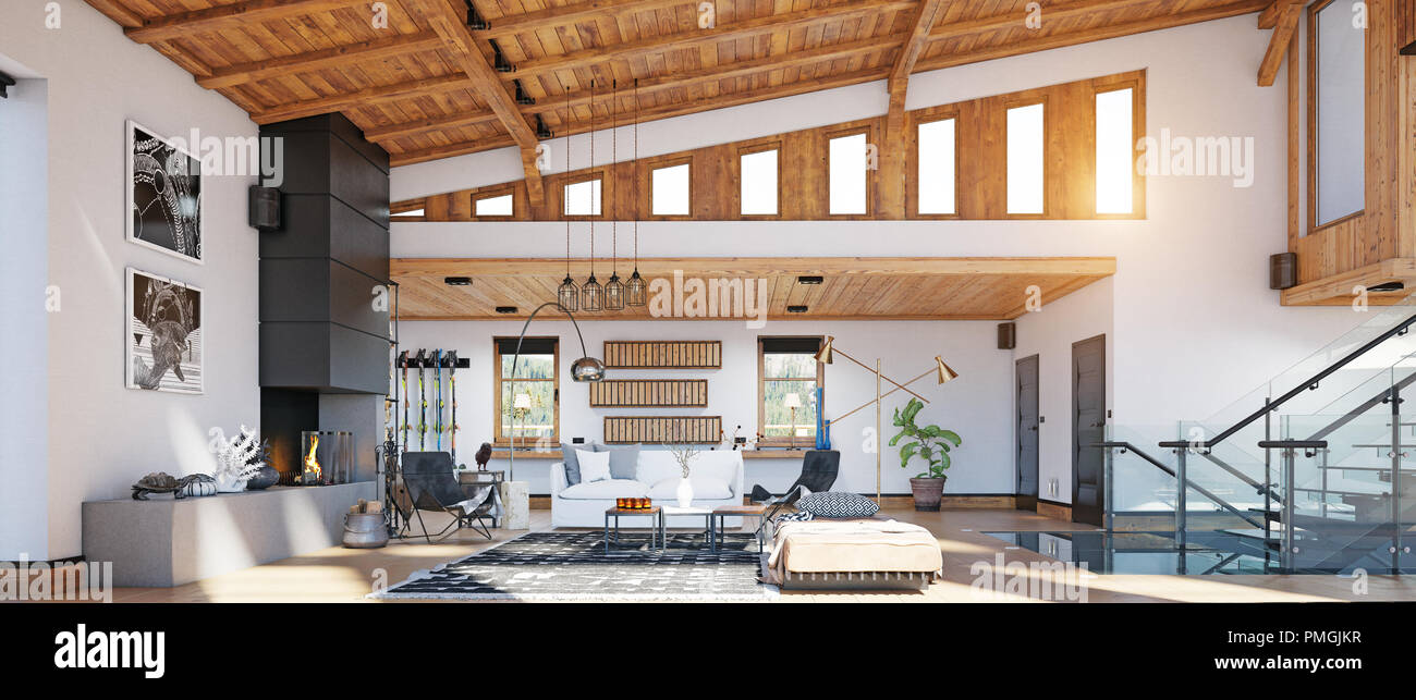 modern chalet interior. 3d design rendering concept Stock Photo - Alamy