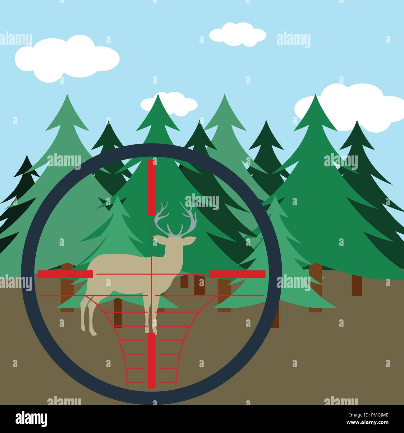 Flat design scene of hunting in fir forest. Vector illustration Stock ...
