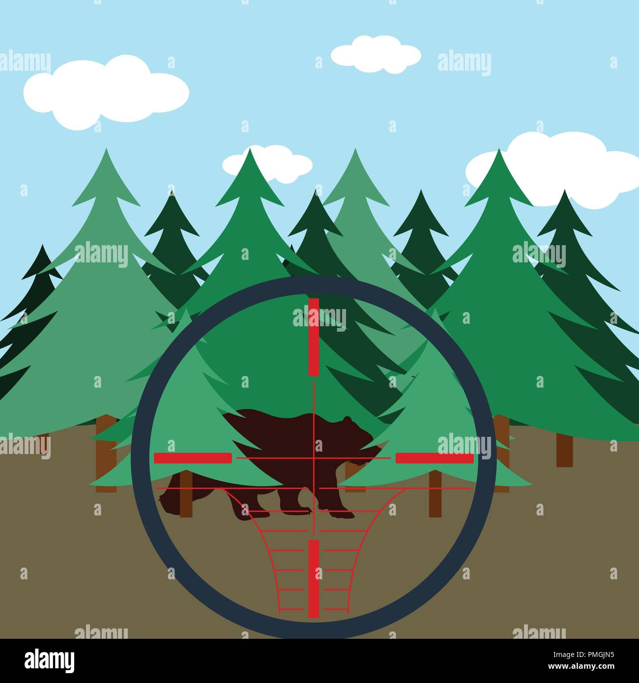 Flat design scene of hunting in fir forest. Vector illustration Stock ...