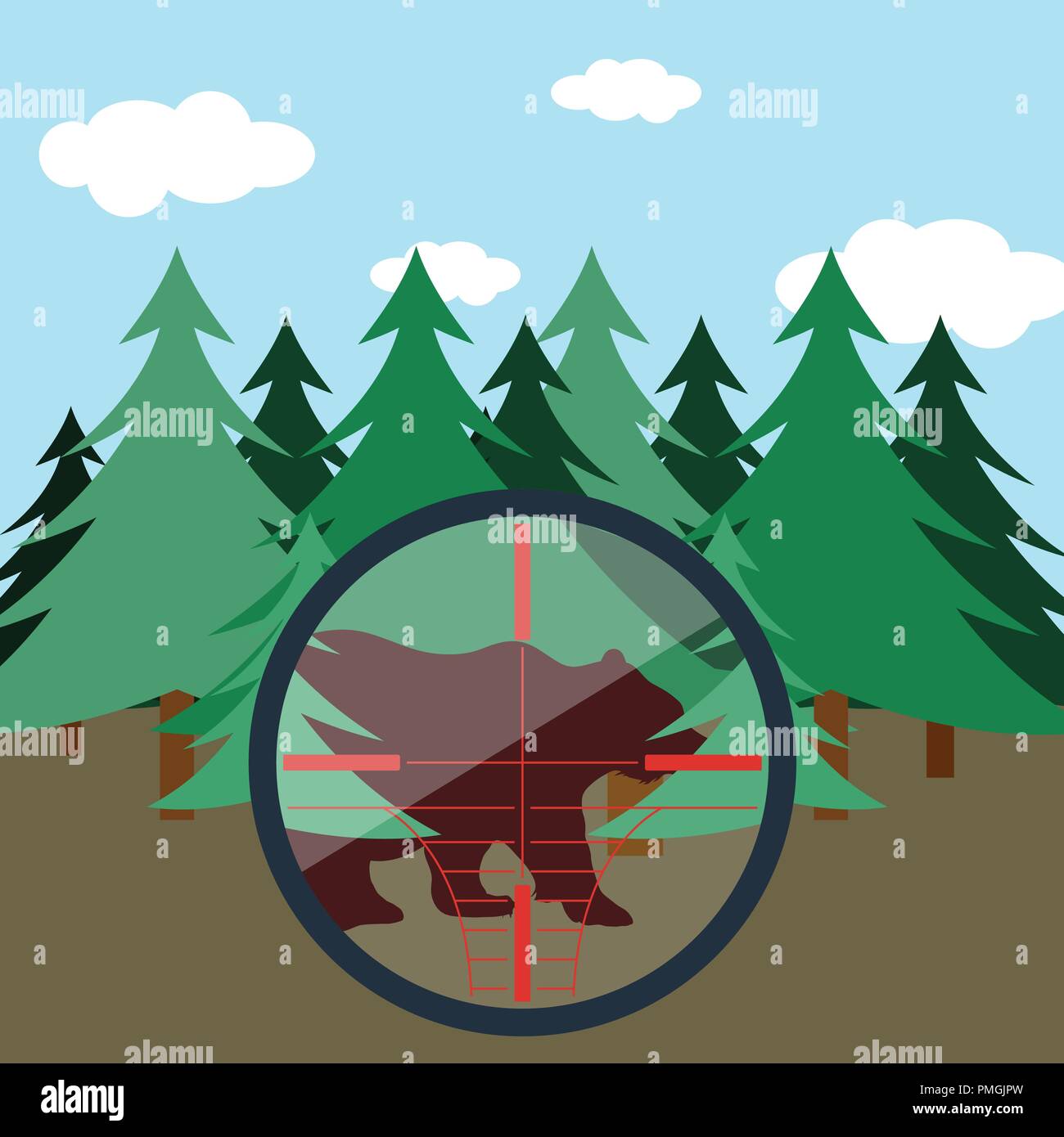 Flat design scene of hunting in fir forest. Vector illustration Stock ...