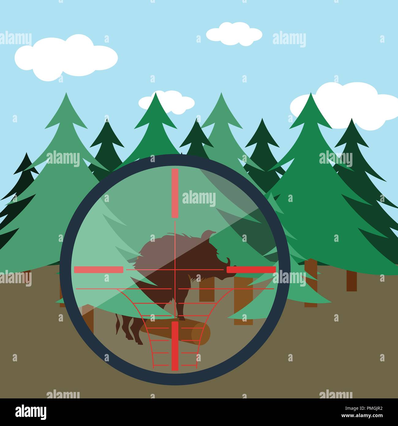 Flat design scene of hunting in fir forest. Vector illustration Stock ...