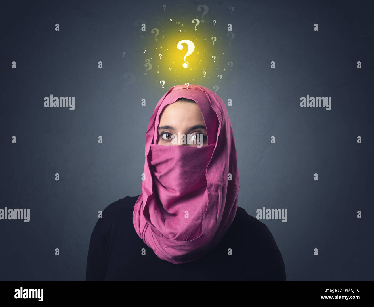 Young muslim woman wearing niqab with yellow question marks above her ...