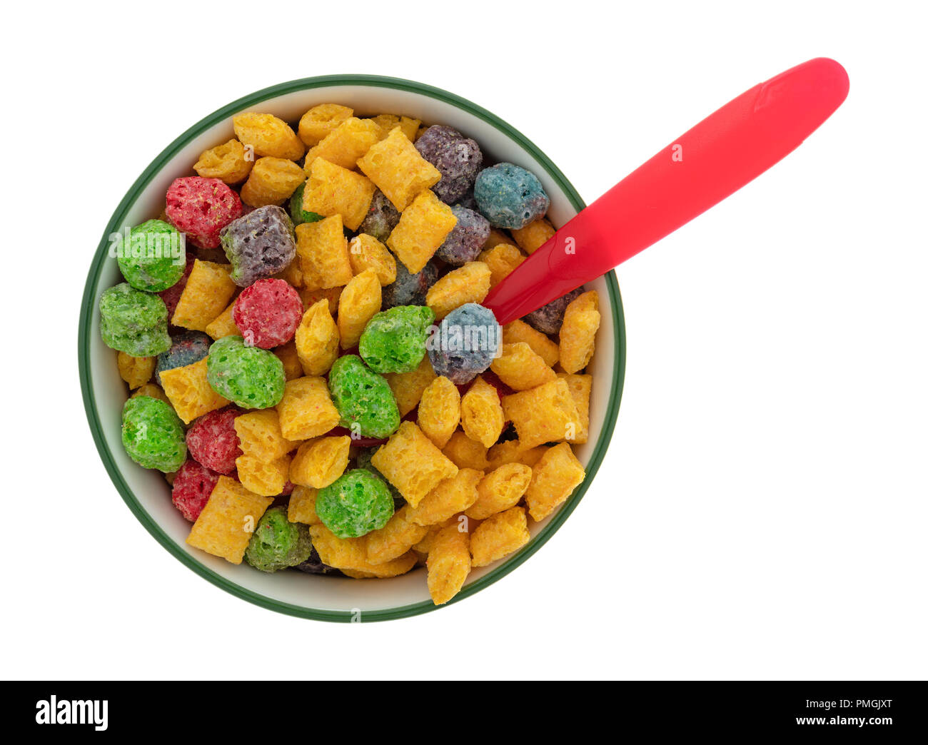 Top view of a bowl of generic fruit flavored breakfast cereal with a ...