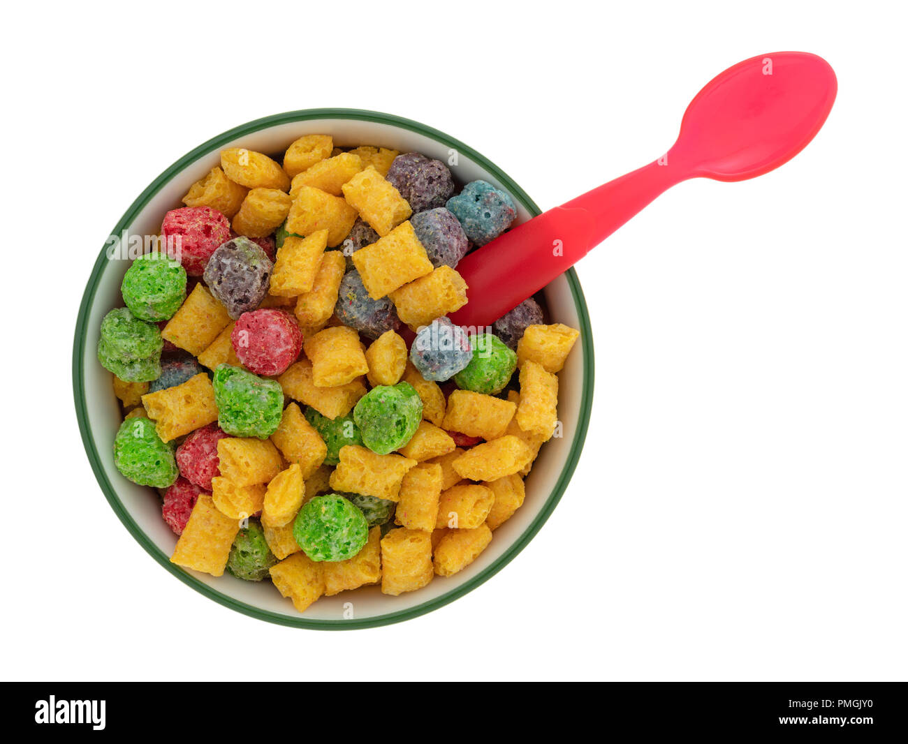 Top view of a bowl of generic fruit flavored breakfast cereal with a ...