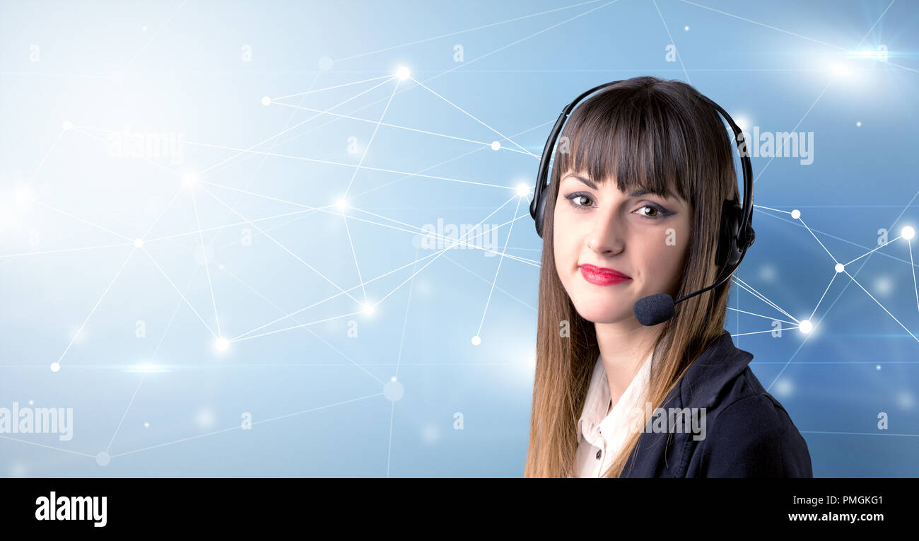 Young female telemarketer with blue background and connectivity concept ...