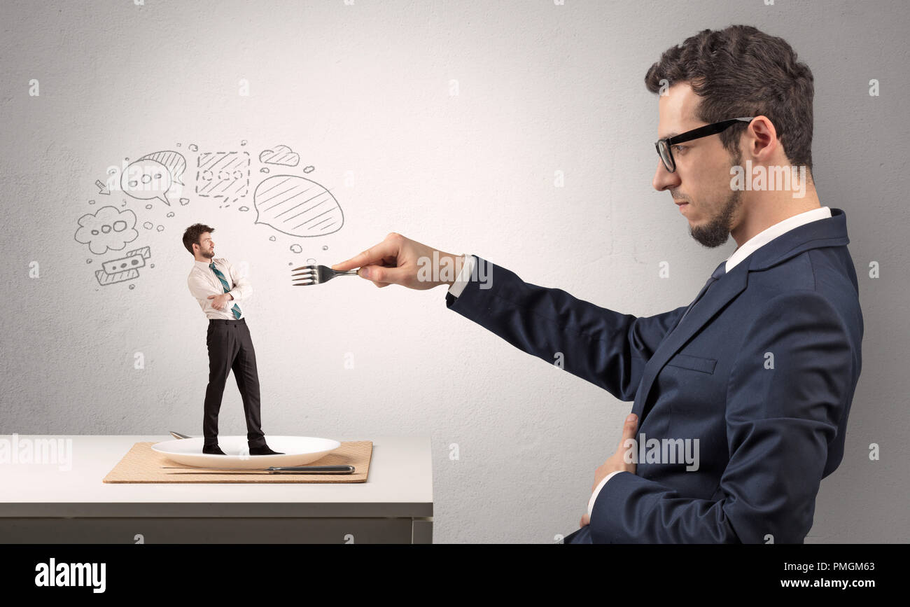 Big businessman want to eat small man with cloud messages above his ...