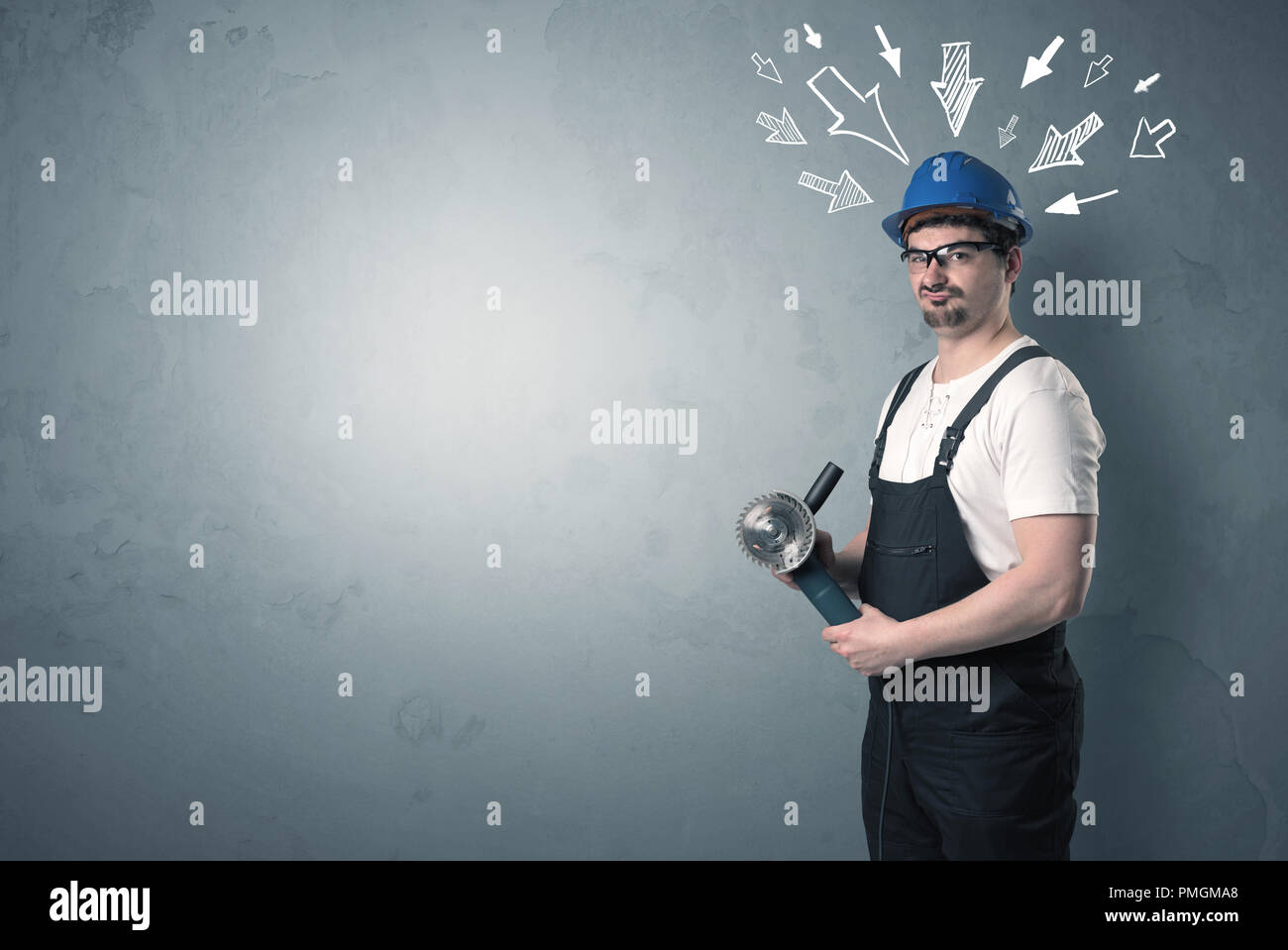 Working man with tools in his hand and arrows above his head Stock ...