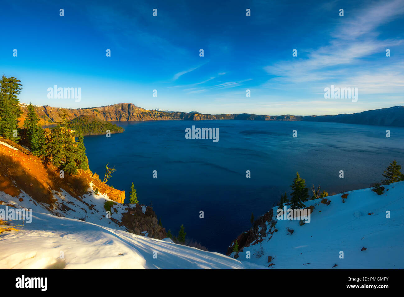 Late Fall at Crater Lake in the early morning light devoid of people ...